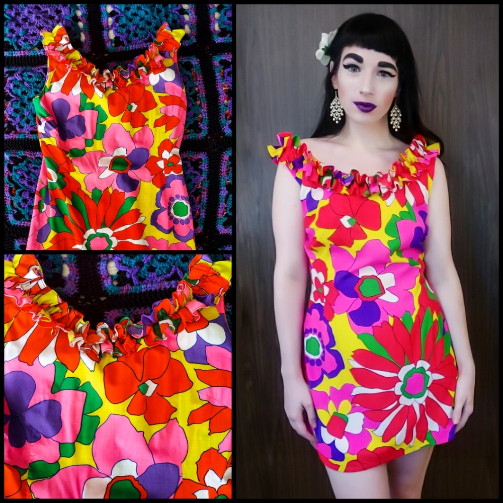 Vintage 1960s Neon Tropical Micro Mini Dress | 60s Mo… - Gem